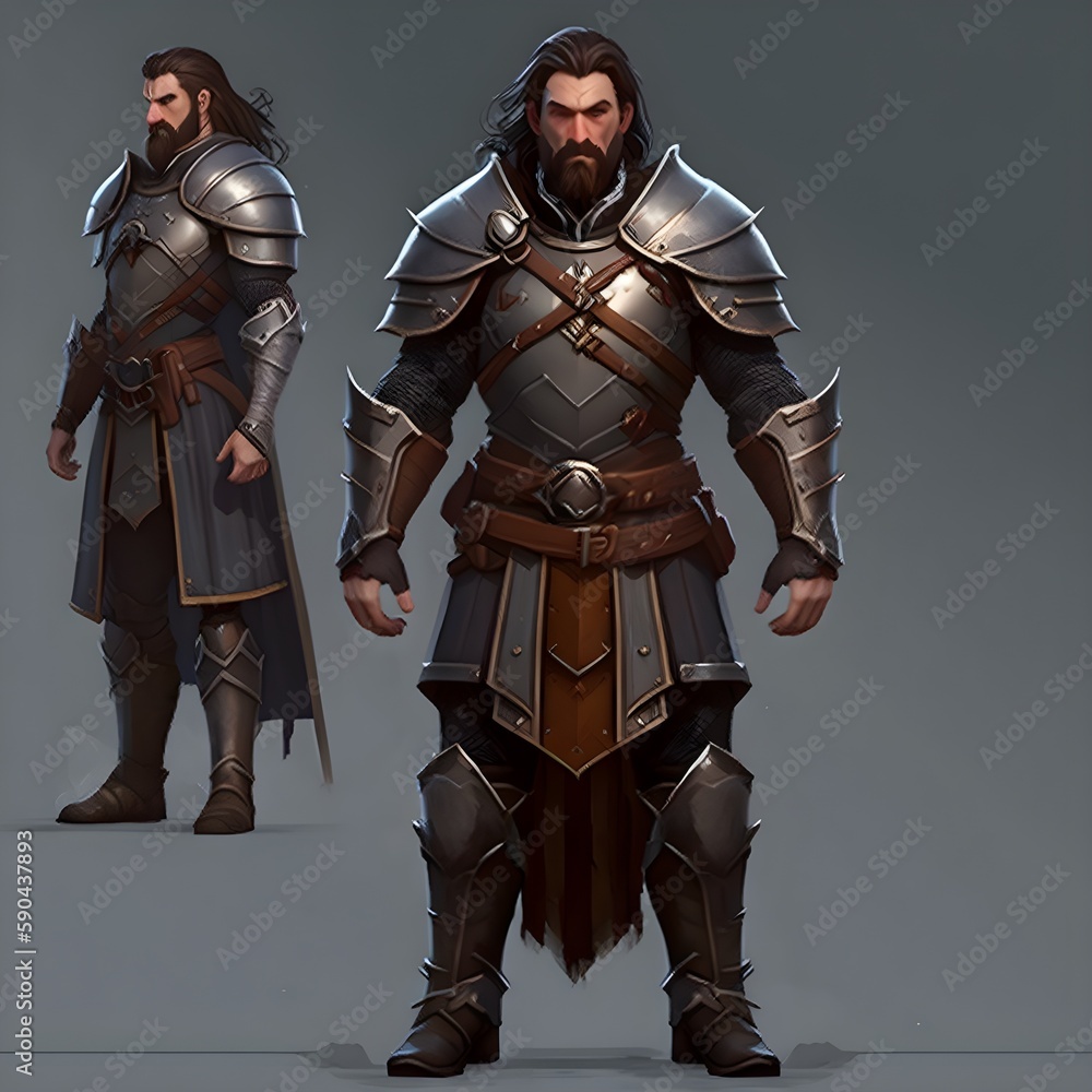 DD Character male knight with shiny Grey armor half long Brown hair ...