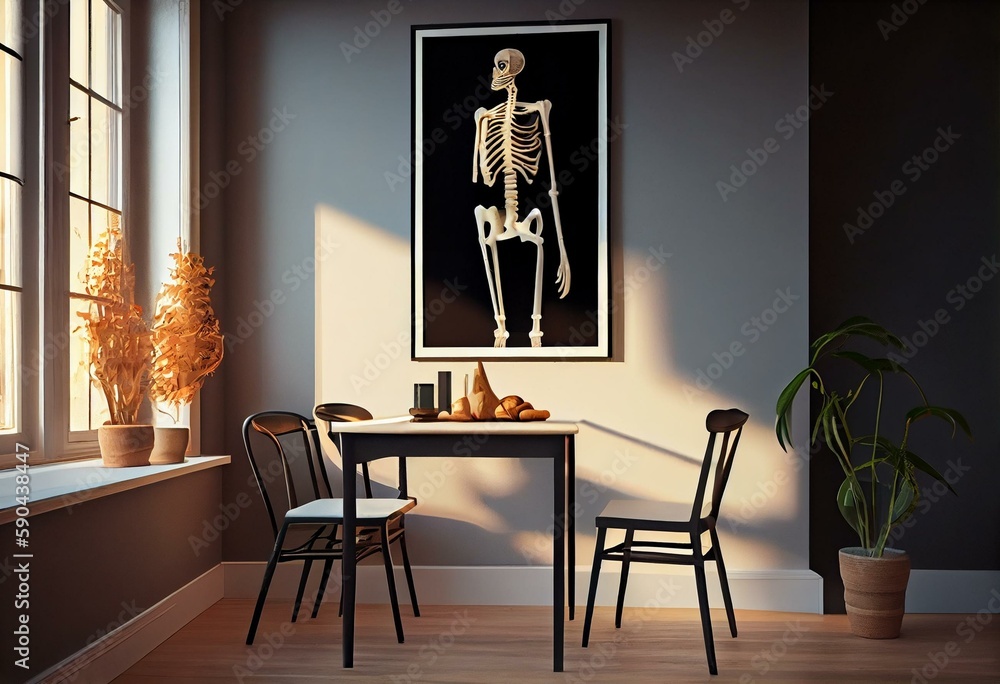 A room with a skeleton on the wall and a table with a chair in it vray ...