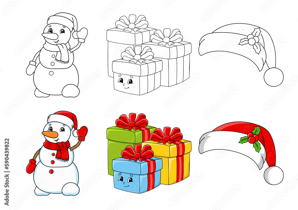 Set coloring page for kids. Cute cartoon characters. Black stroke. With ...