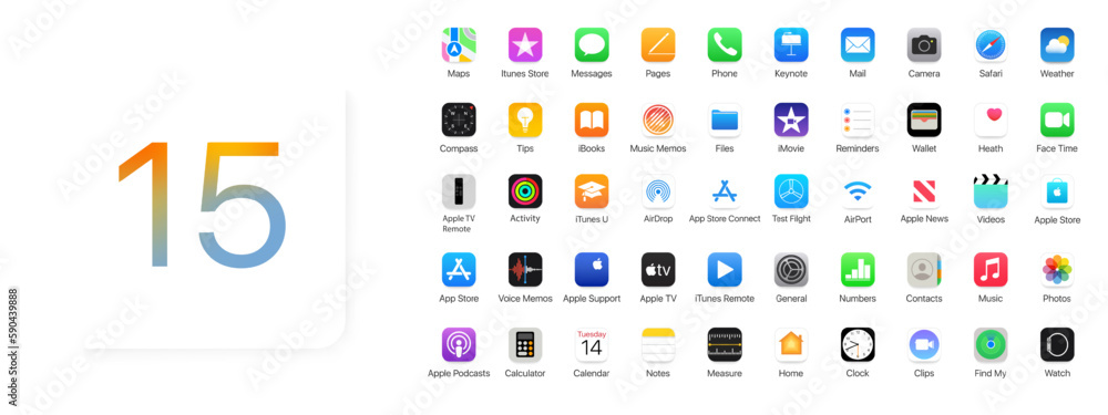 iOS 15 - a set of popular icons for iPhone. Vector. editorial ...