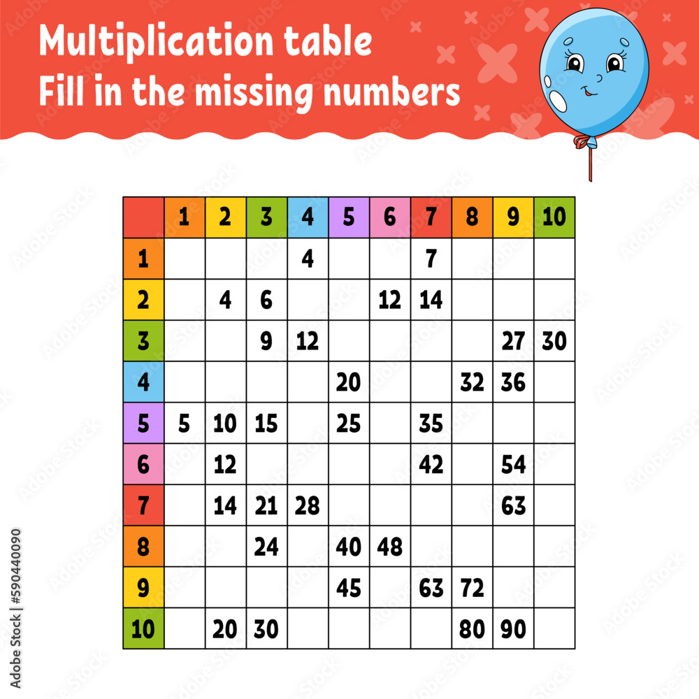 Paste the missing numbers. Learning multiplication table. Handwriting ...