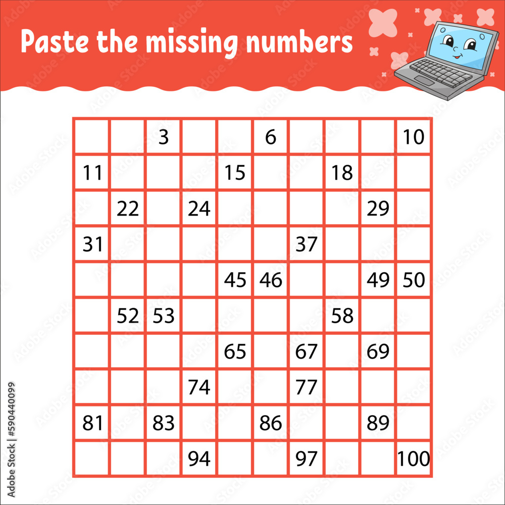 Paste the missing numbers from 1 to 100. Handwriting practice. Learning ...