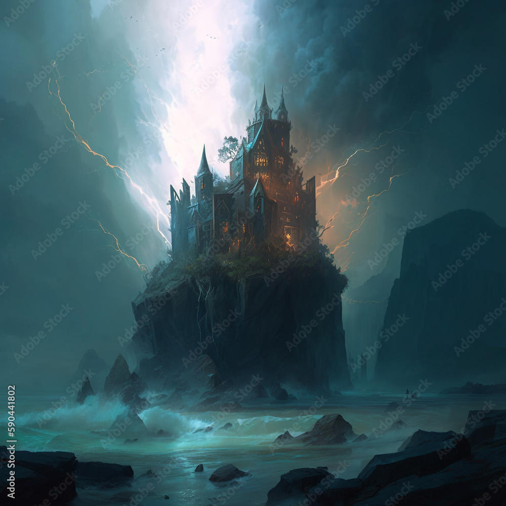 Dark Fantasy Castle, Lightning Splits The Sky, Mountain Top, Generative ...
