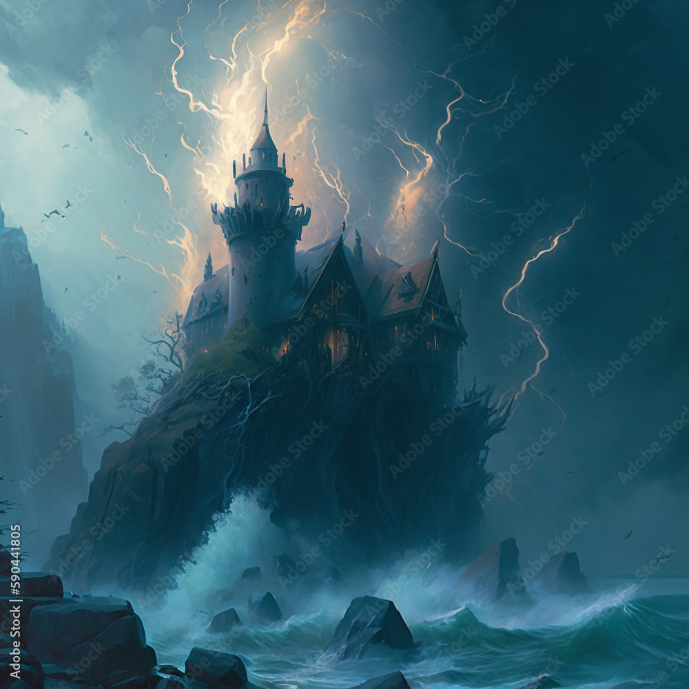 Dark Fantasy Castle, Lightning Splits The Sky, Mountain Top, Generative ...