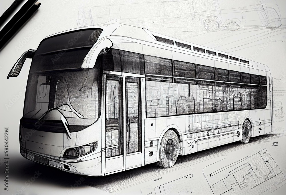 Electric bus sketch. Outline drawing of city bus. City transportation ...