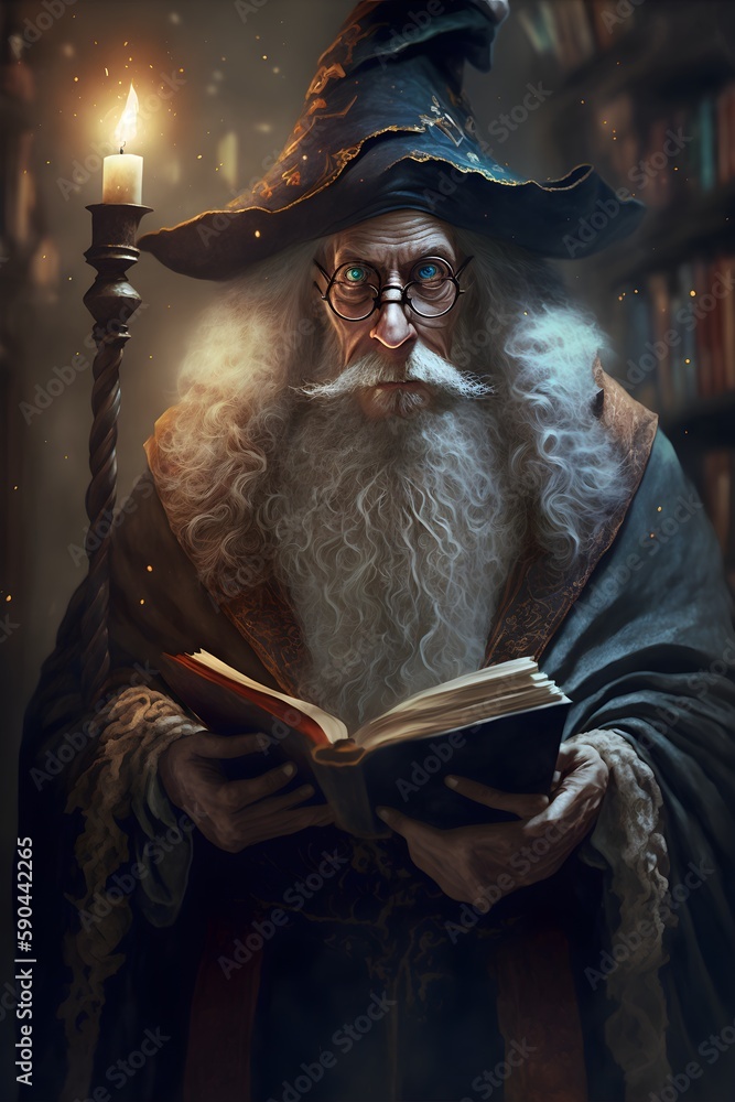 photorealistic portrait of a very old wizard with spectacles standing ...