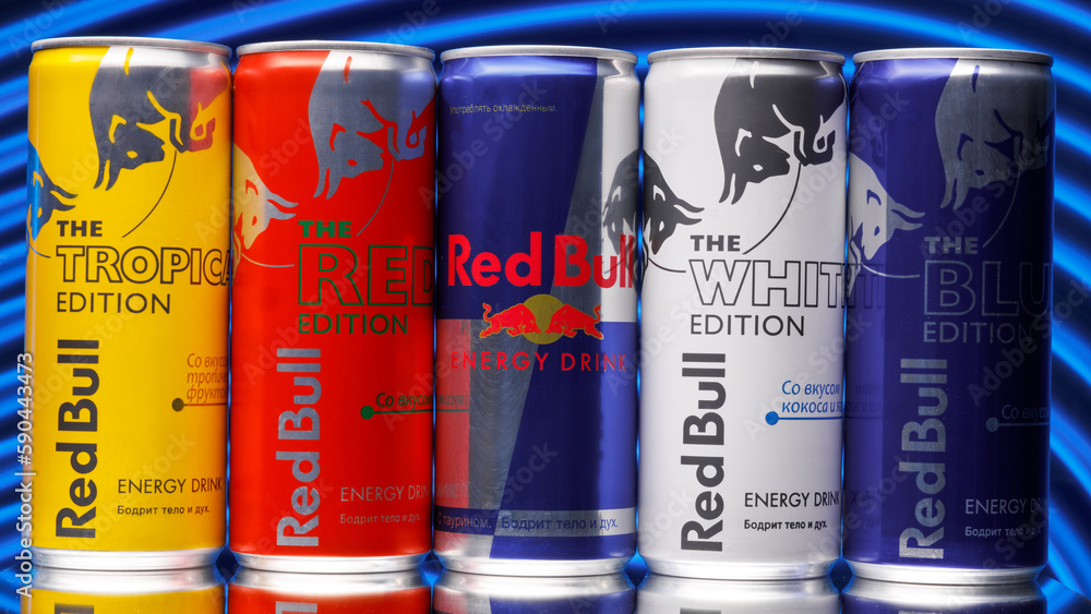 Cans of Red Bull, an energy drink sold by Red Bull GmbH, an Austrian ...