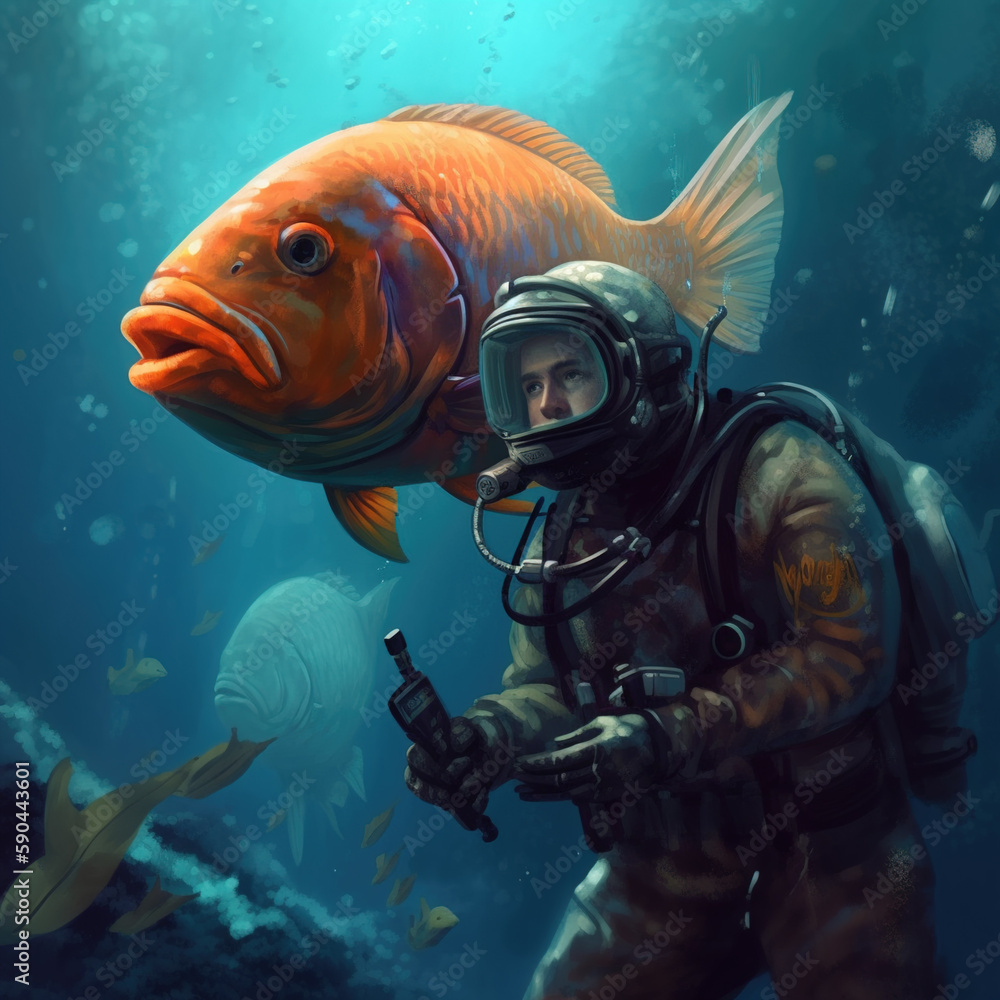 Diving into Adventure: A Scuba Diver and a Big Fish. Generative ai ...