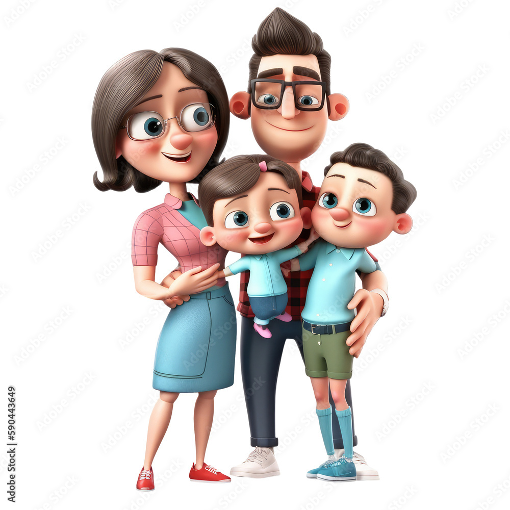 3d icon cute Happy young family. Dad, mom, daughter and son together ...