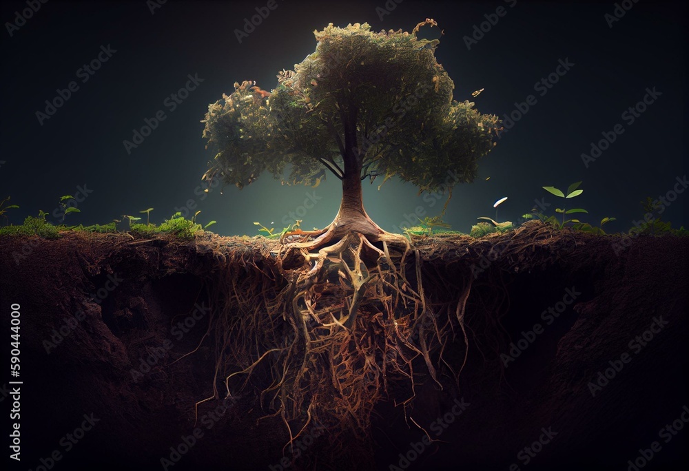 Root system of a tree growing underground, soil section concept ...