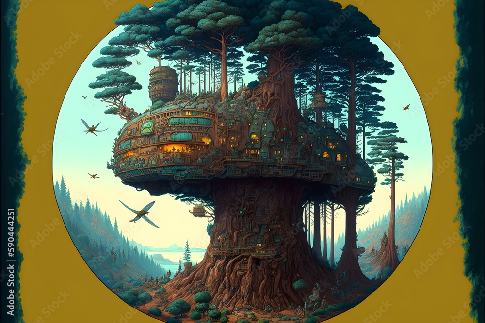 steampunk alien civilization built among a giant redwood forest city ...