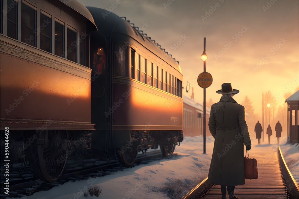 1930s classic train pulling up to a rural train station at sunset in ...
