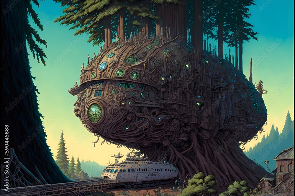 steampunk alien civilization built within a giant redwood forest city ...