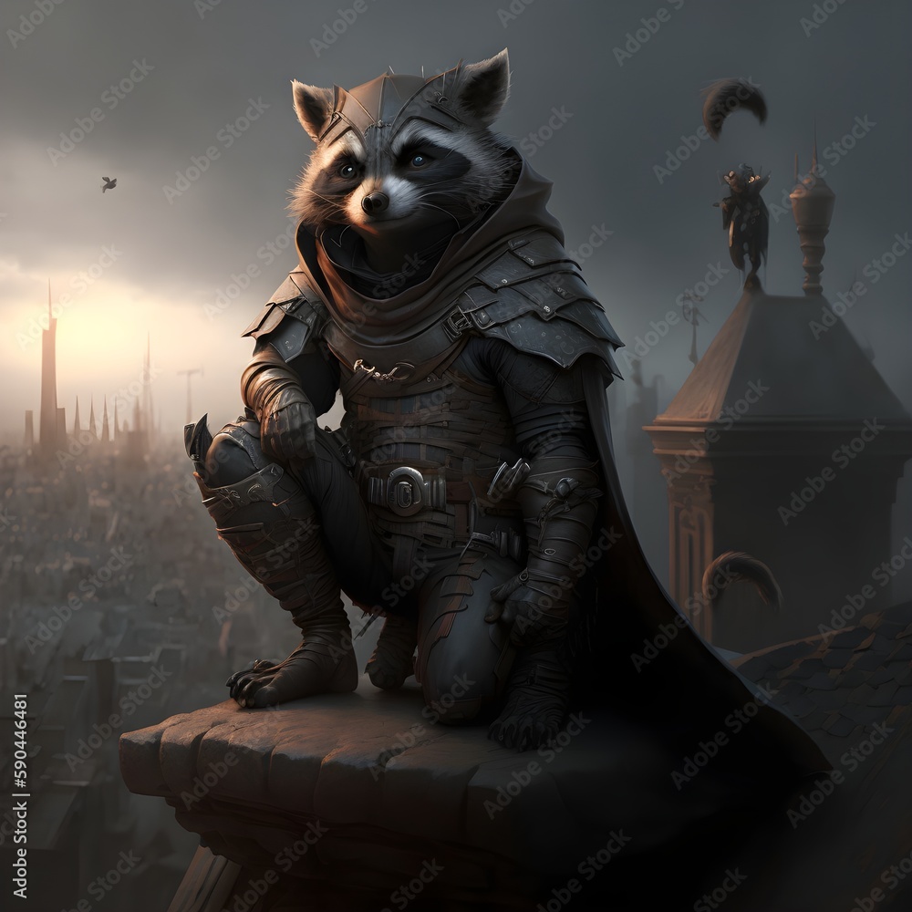 anthropomorphic raccoon thief wearing a black cloak and leather armor ...