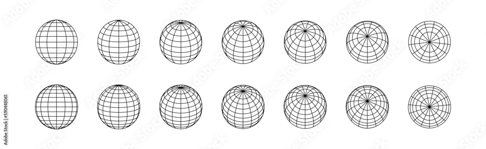 Globe grids. 3D spheres various position. Striped 3D balls, earth globe ...