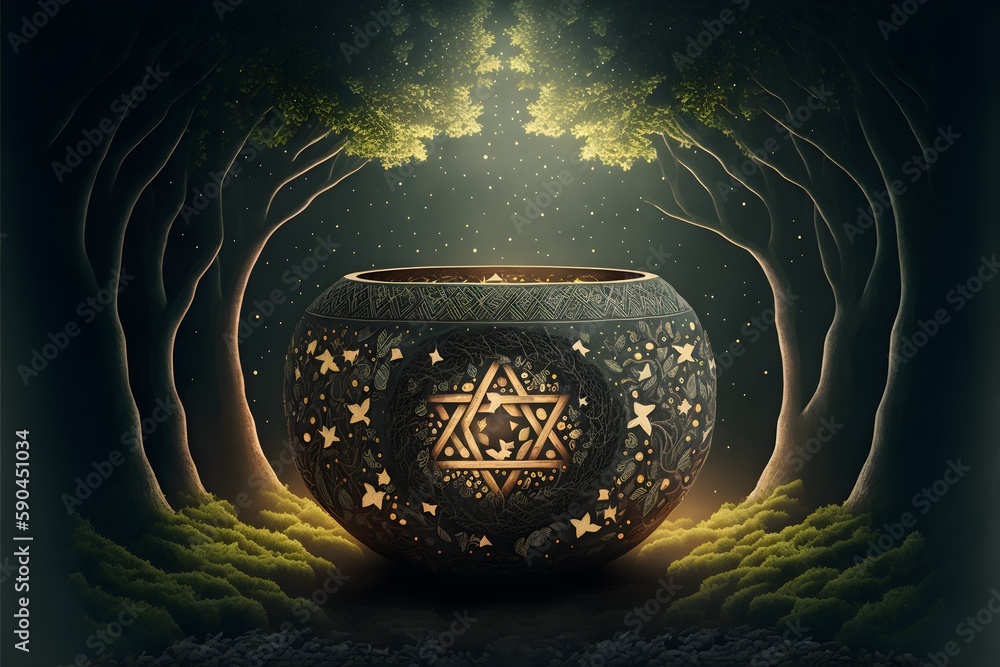 cauldron in the forest trees with sacred geometry patterns high graphic ...