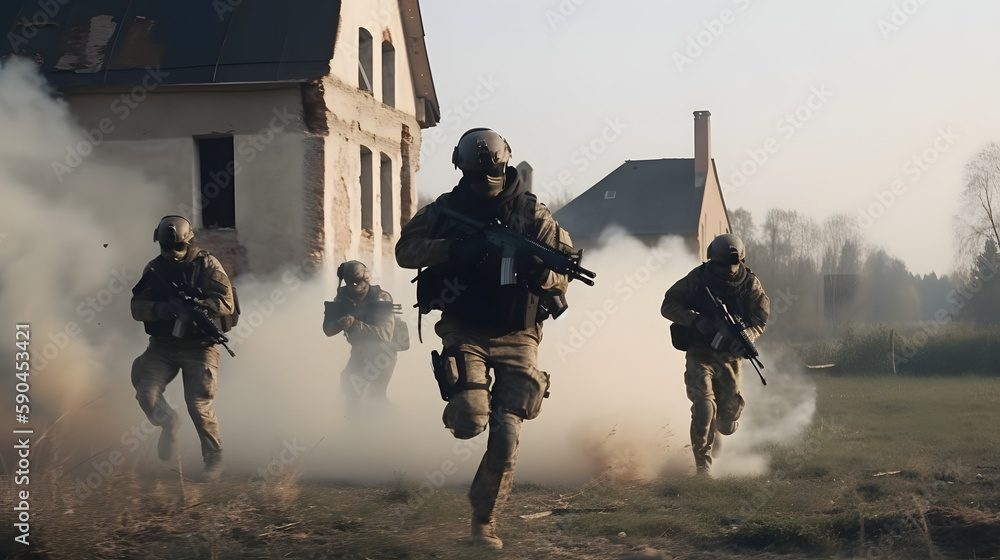Three soldiers with guns running, tactical squad, rushing towards the ...