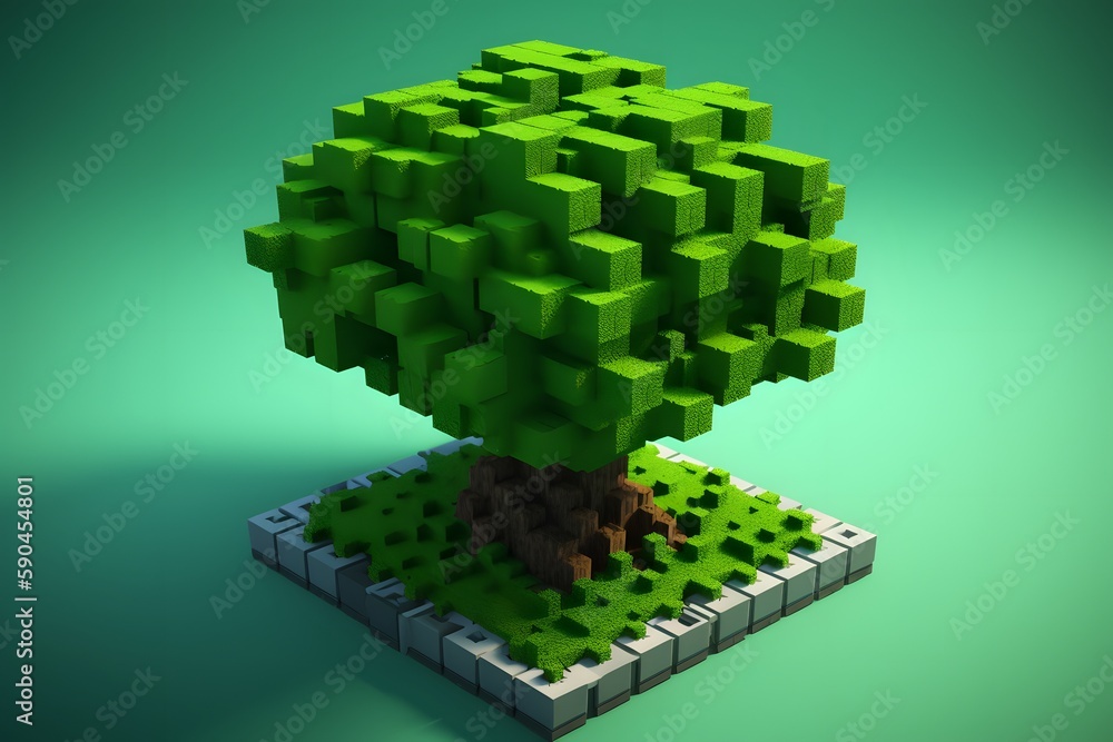3d illustration render of cubic tree with green leaves and background ...
