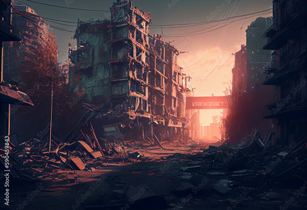 Apocalyptic view of destroyed city buildings, post apocalypse after ...