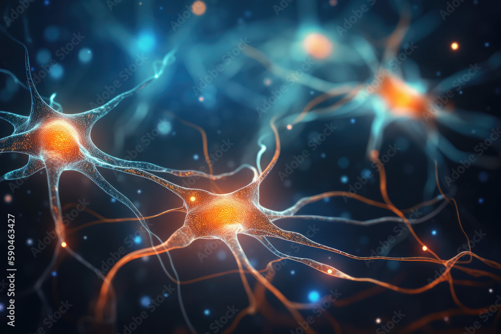 Conceptual illustration of neuron cells with glowing link knots. Blue ...