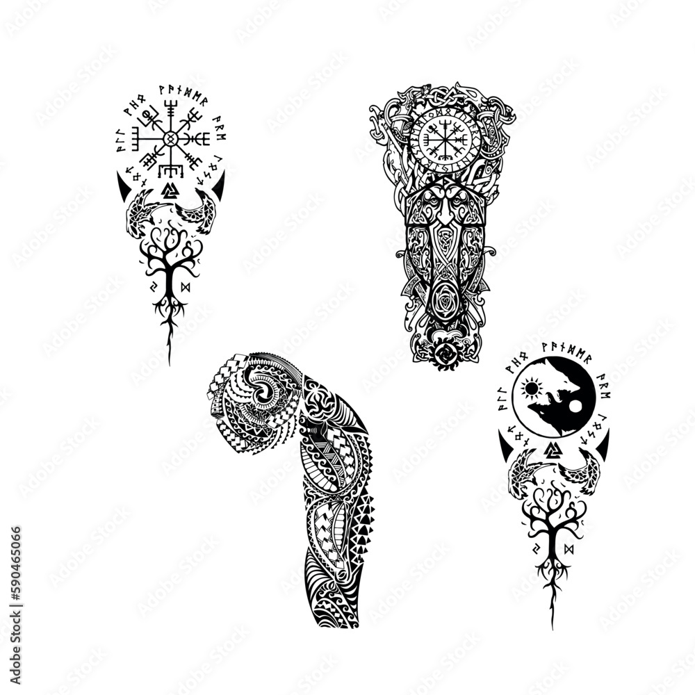 shoulder tattoo with ancient Slavic runes, deities, wolves, yin yang ...