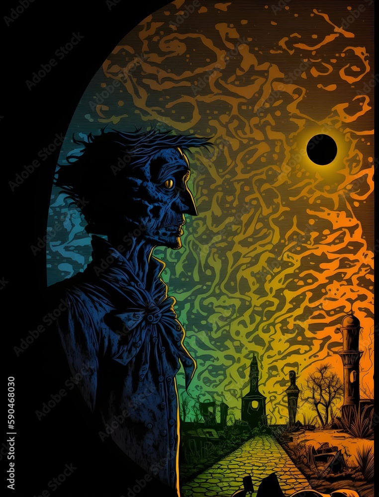 Surreal Alien standing under an alien sky in bold colours comic book ...