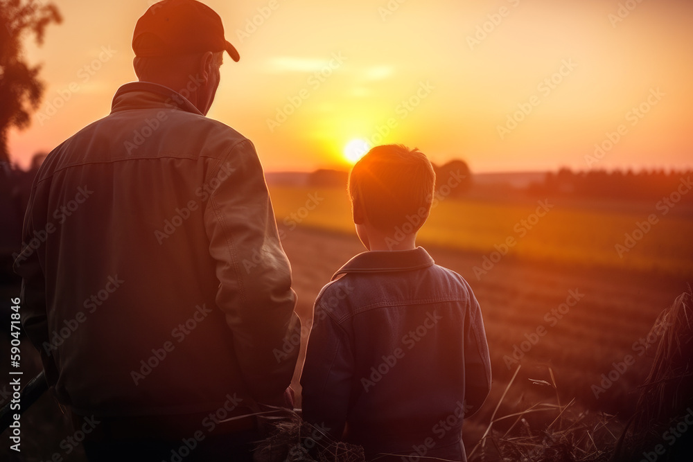 Father farmer with son in front of a sunset agricultural landscape, AI ...