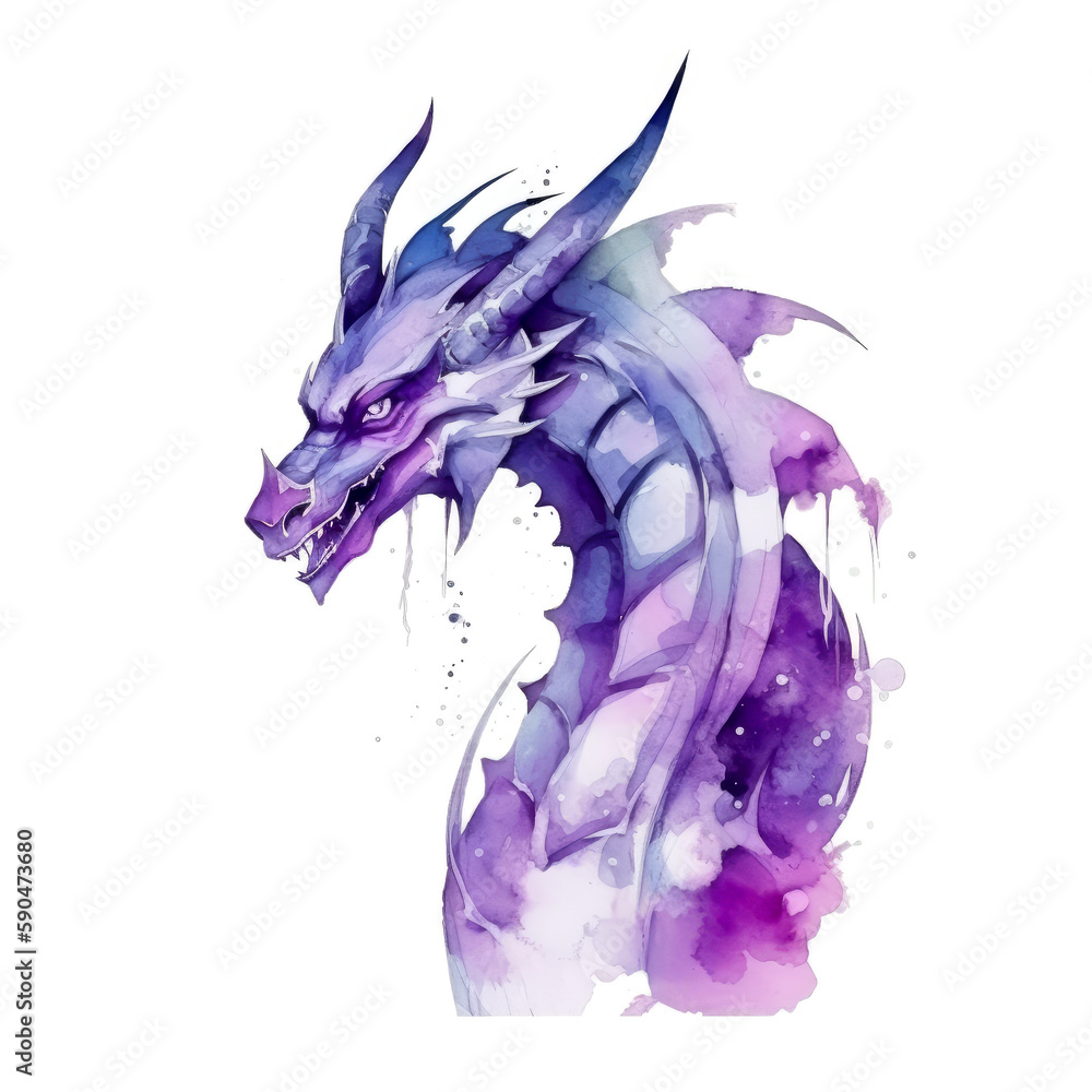 Purple dragon head on a white background. Ancient watercolor fire ...