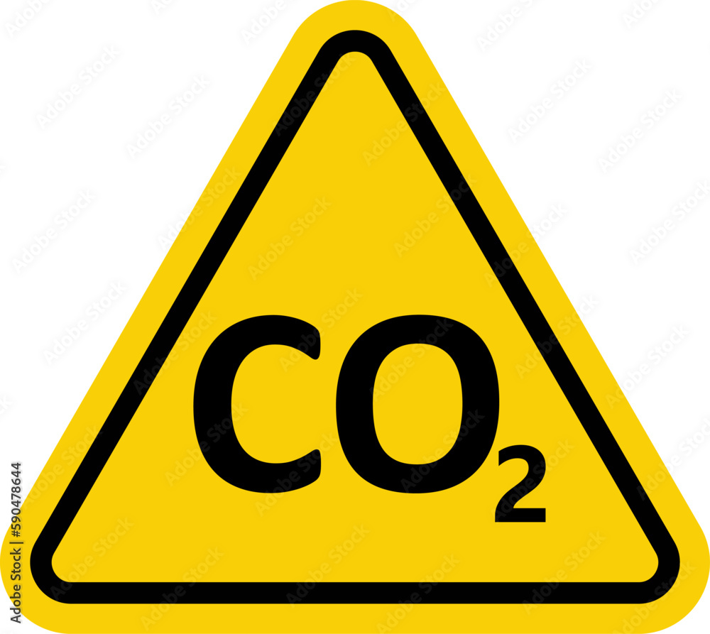 CO2 sign. CO2 warning sign. Yellow triangle sign with CO2 icon. Air pollution. Oxygen. Health ...