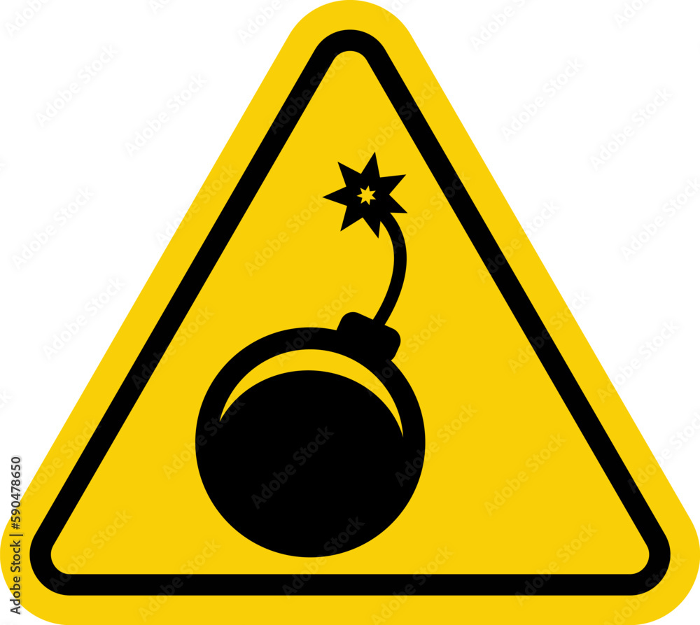 Sign bomb. Yellow triangle. Warning sign. Warning sign bombs. Warning ...