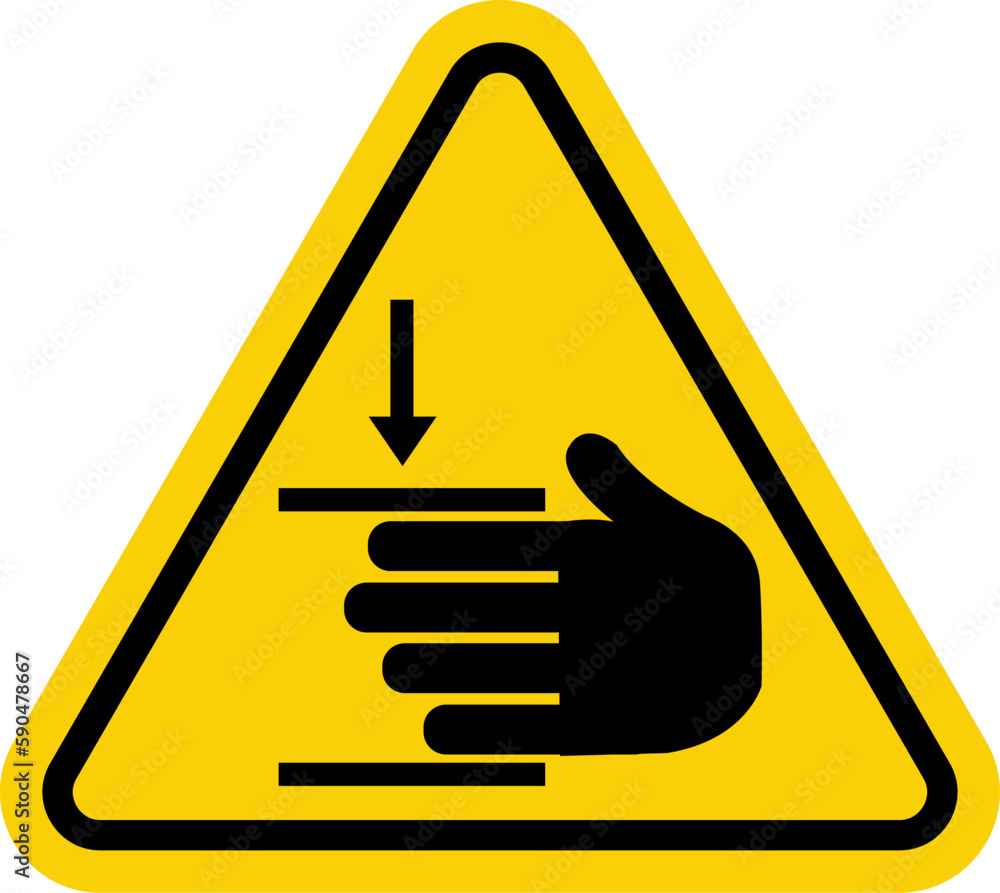 Hand injury sign. Hand crush sign. Hand Pinch Point Sign. Warning sign ...