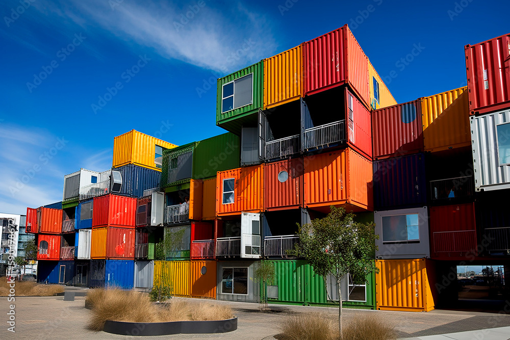 generative ai illustration of colorful Shipping container city block ...