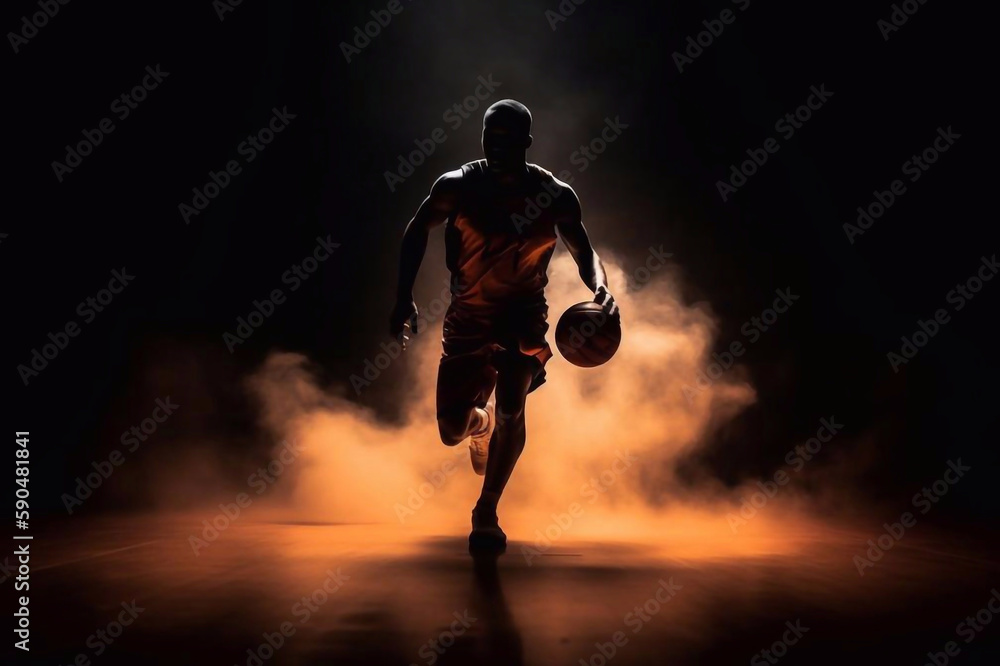 Silhouette of a Man Playing Basketball with Orange Backlight ...