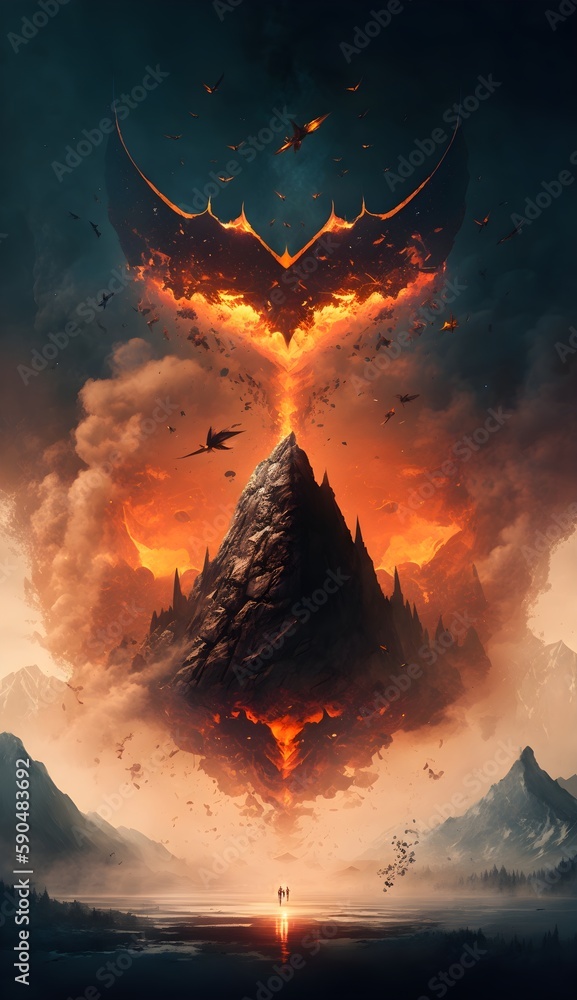 An expansive fire realm with a mountain at the center with a glowing ...