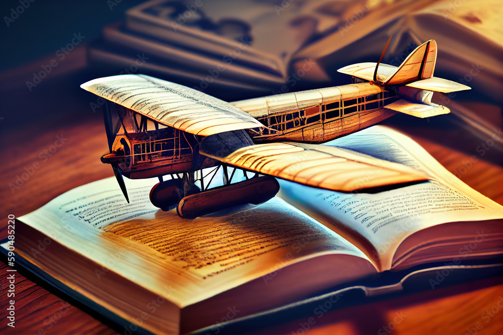 Airplane model on open old book in school library for educational ...