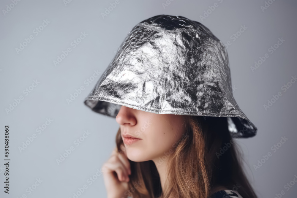 A person wears a small handmade hat made of aluminium foil on a light ...