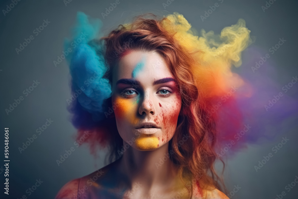 Exploding colour powder in rainbow colours forming a portrait of a ...