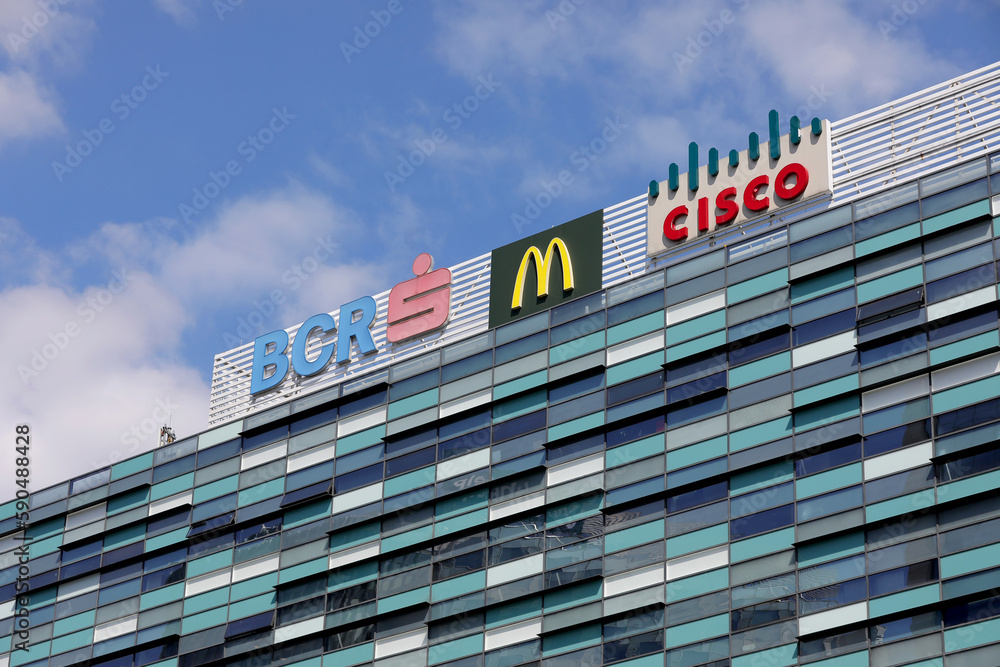 BCR Bank,Mc Donands and Cisco logo on America House office building in ...