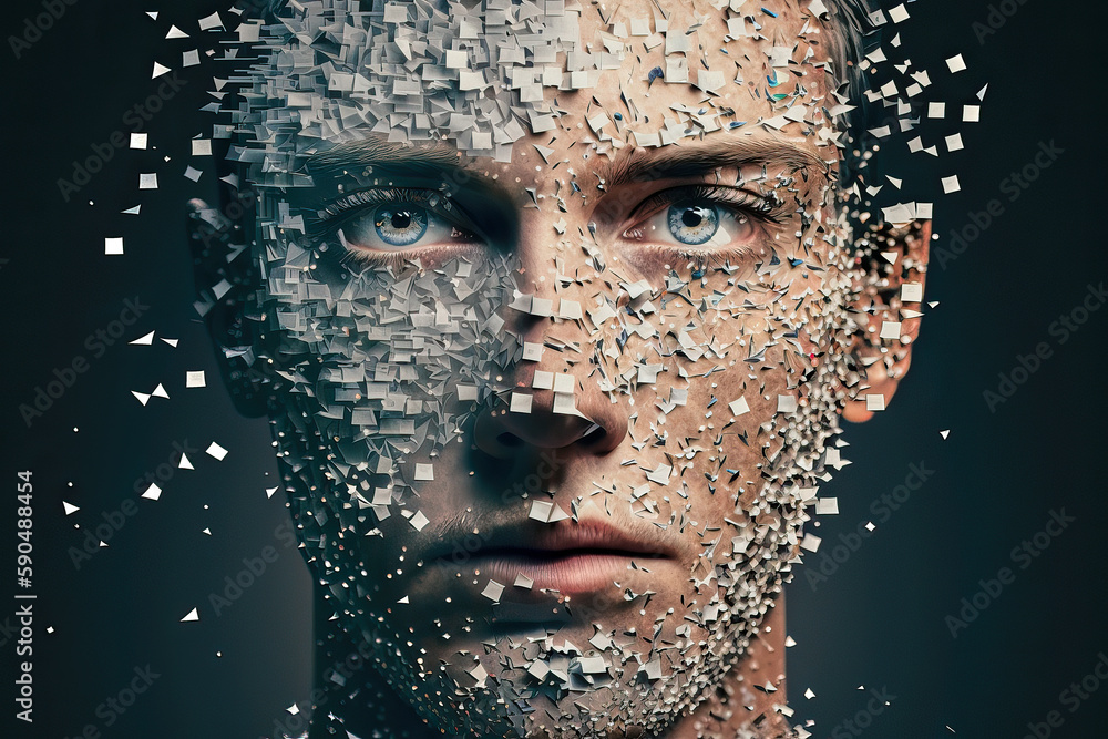 Universal image of a man disintegrating into particles, cybersecurity ...