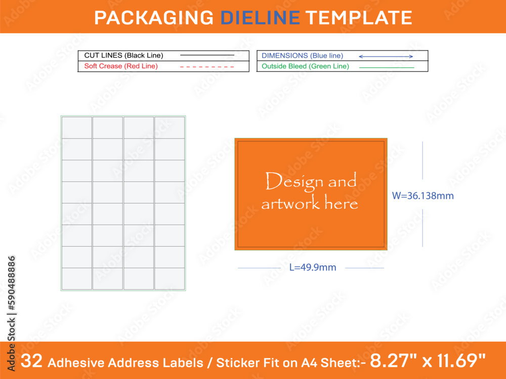 32 Adhesive Address Labels Dieline Template 49.9 x 36.138mm Stock ...