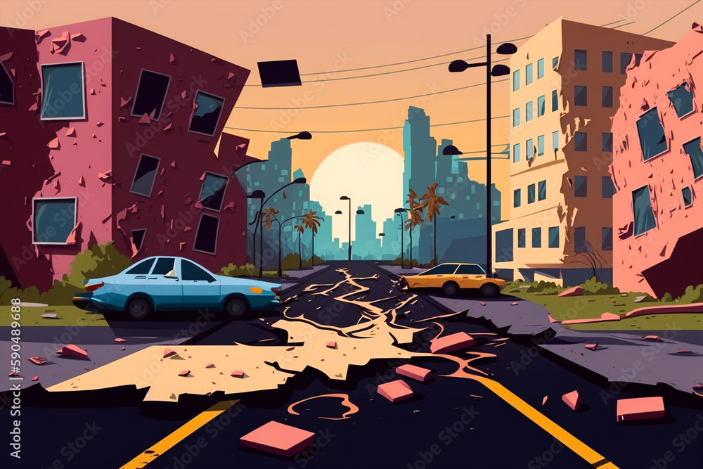cartoon vector Damaged urban landscape. Nature cataclysm city destroyed ...