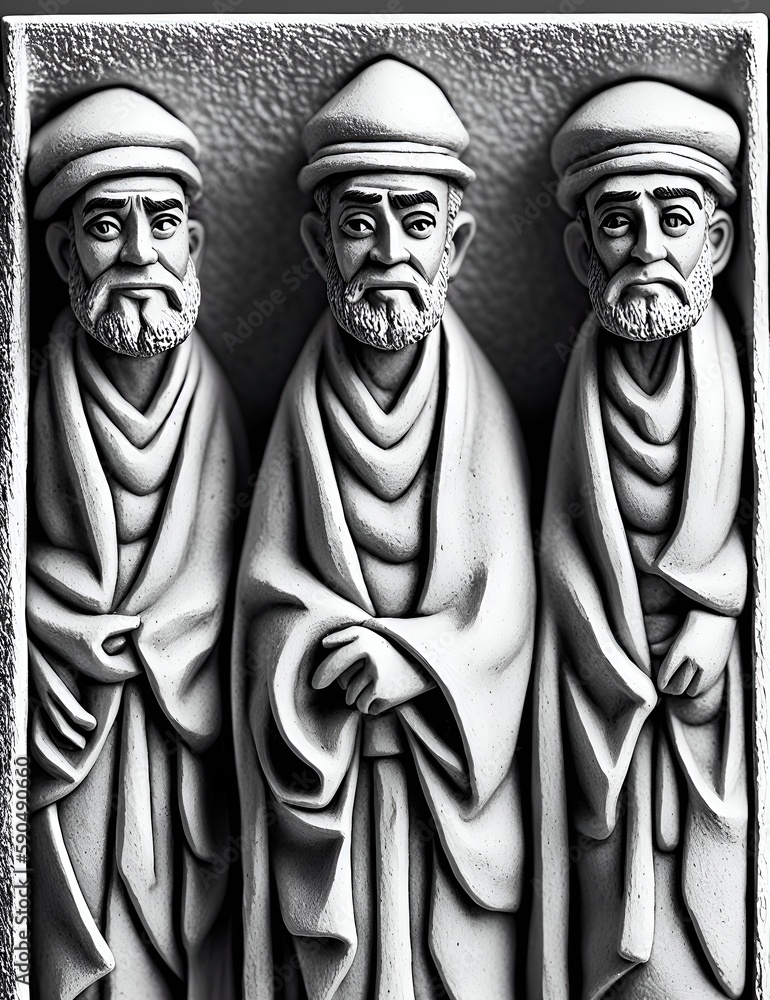 Computer graphics. Artificial intelligence. Three statues of similar ...