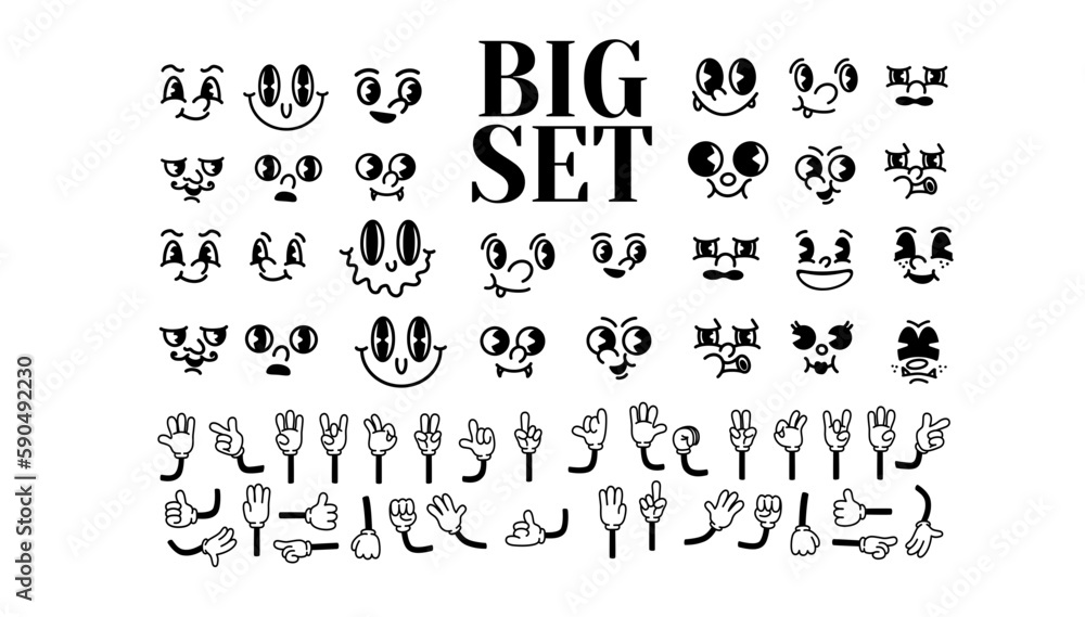 Vintage cartoon hands in gloves and faces. Cute animation character ...