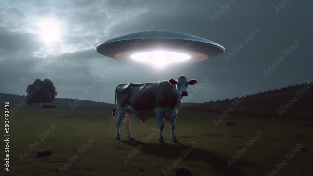 UFO with cow in the field at night. 3d render Generative AI Stock ...