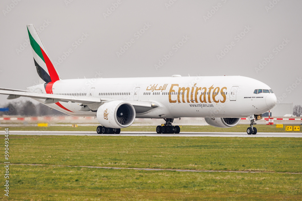 PRAGUE - April 7, 2023: Emirates Boeing 777-31H (ER) REG: A6-ENE at ...