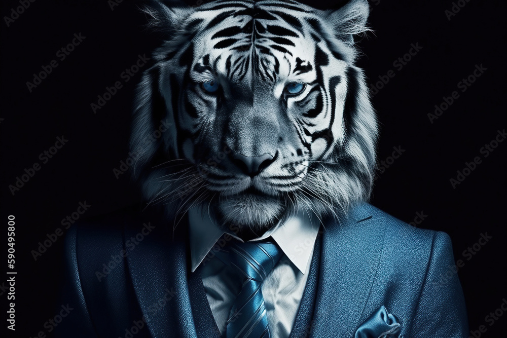 Realistic portrait of a Tiger in a classic blue suit and glasses ...