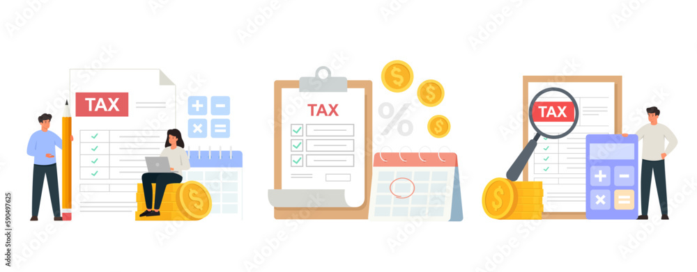 Tax illustration set. Characters calculating and paying invoice. Flat ...