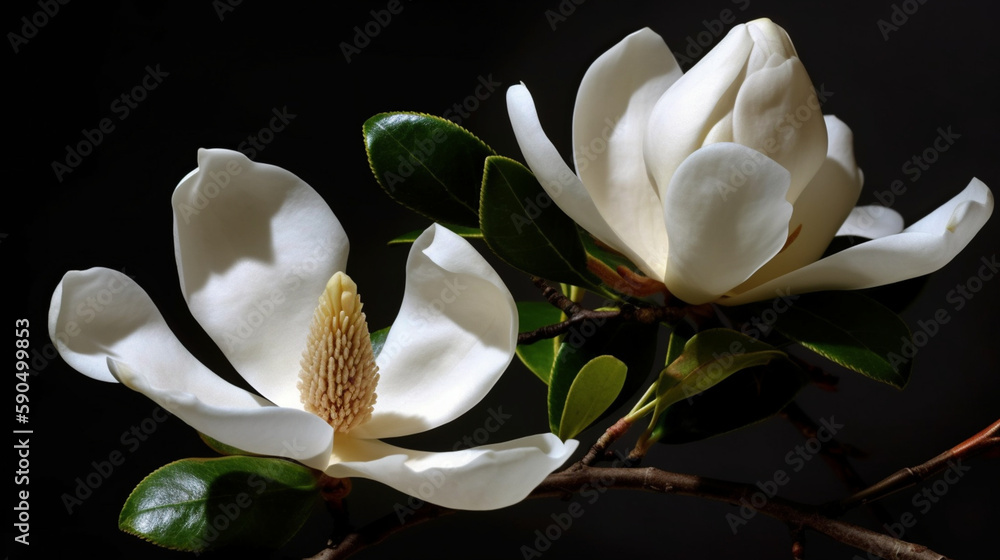 Generate a description of a magnolia branch adorned with beauty ...