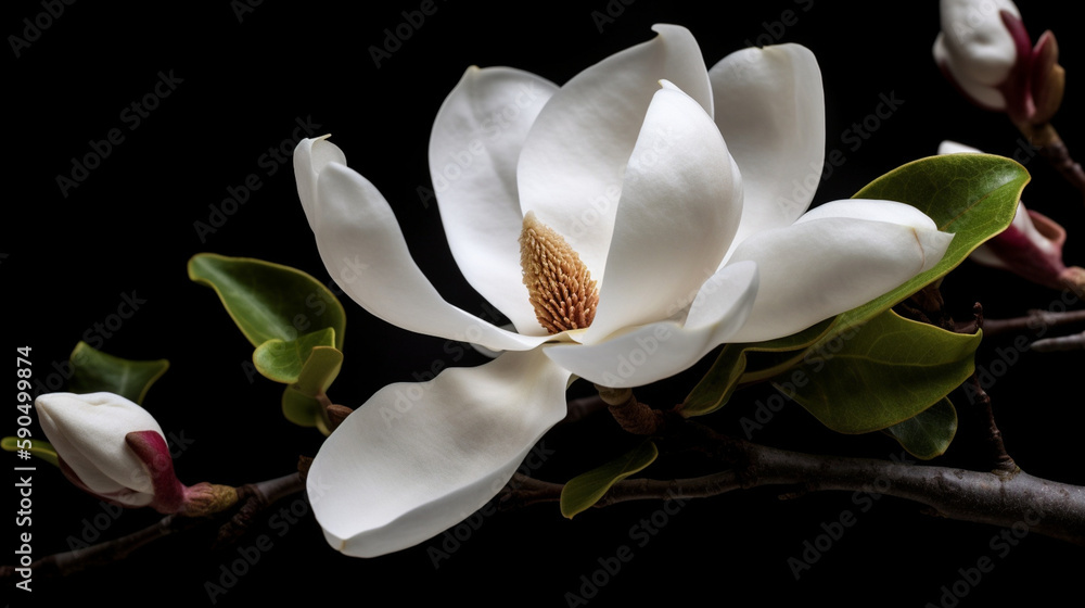 Generate a description of a magnolia branch adorned with beauty ...