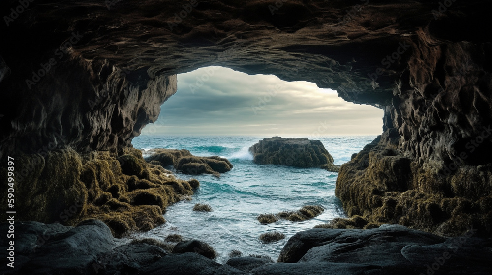 Generate a description of a cave opening into the sea with a cross ...